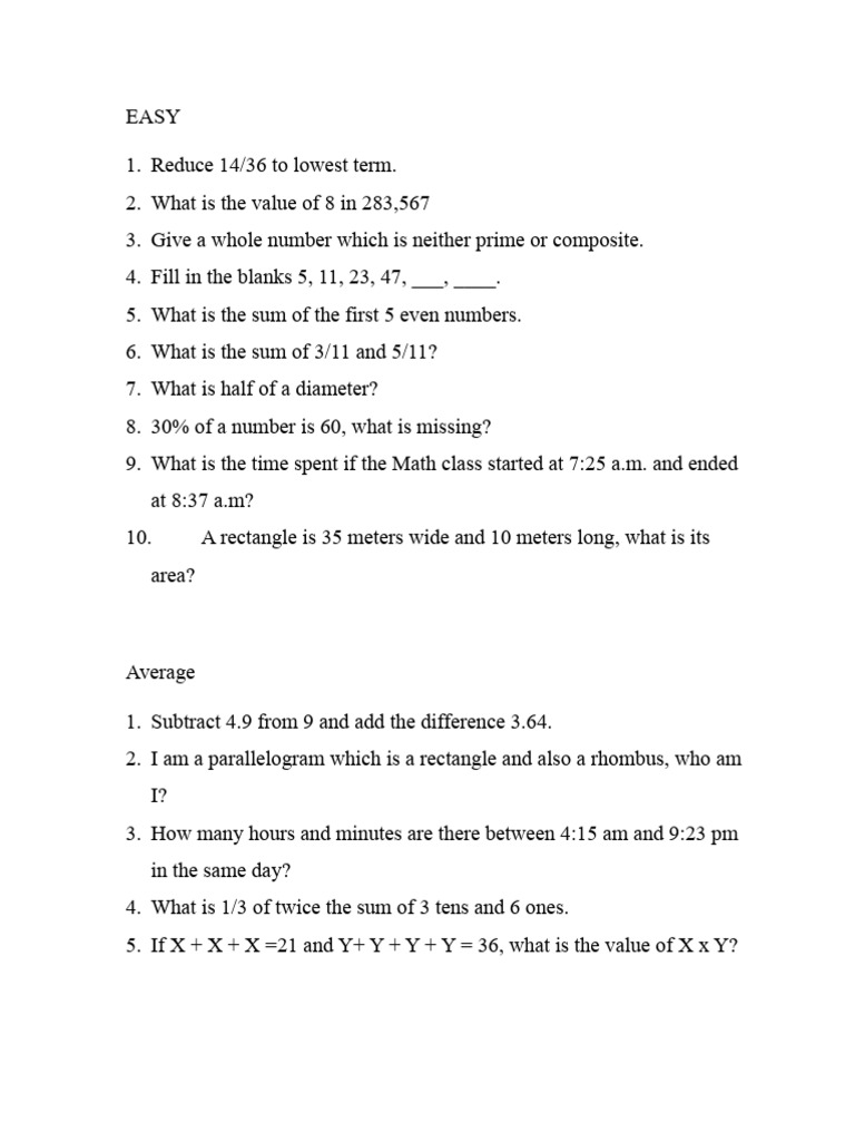 5th Grade Math Bowl Practice Questions | PDF