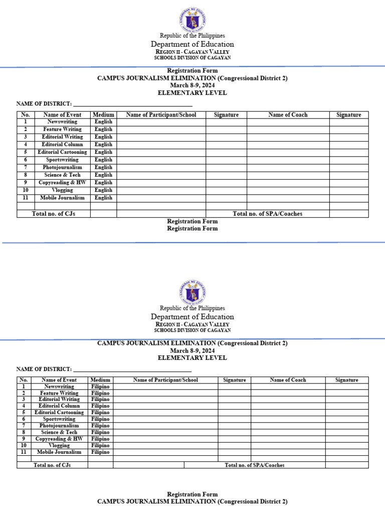 Elementary Level REGISTRATION FORM CD2 Journalympics Elimination ...