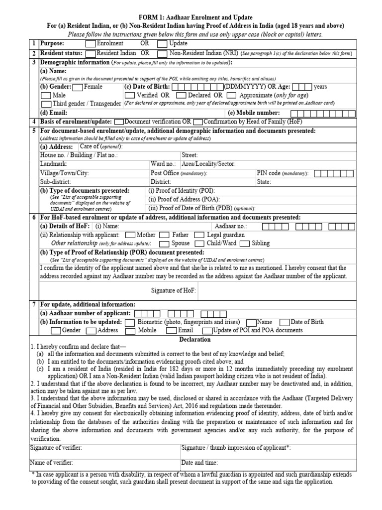 Note 686 - AADHAR Enrollment and Updation Form | PDF | Access Control | Government