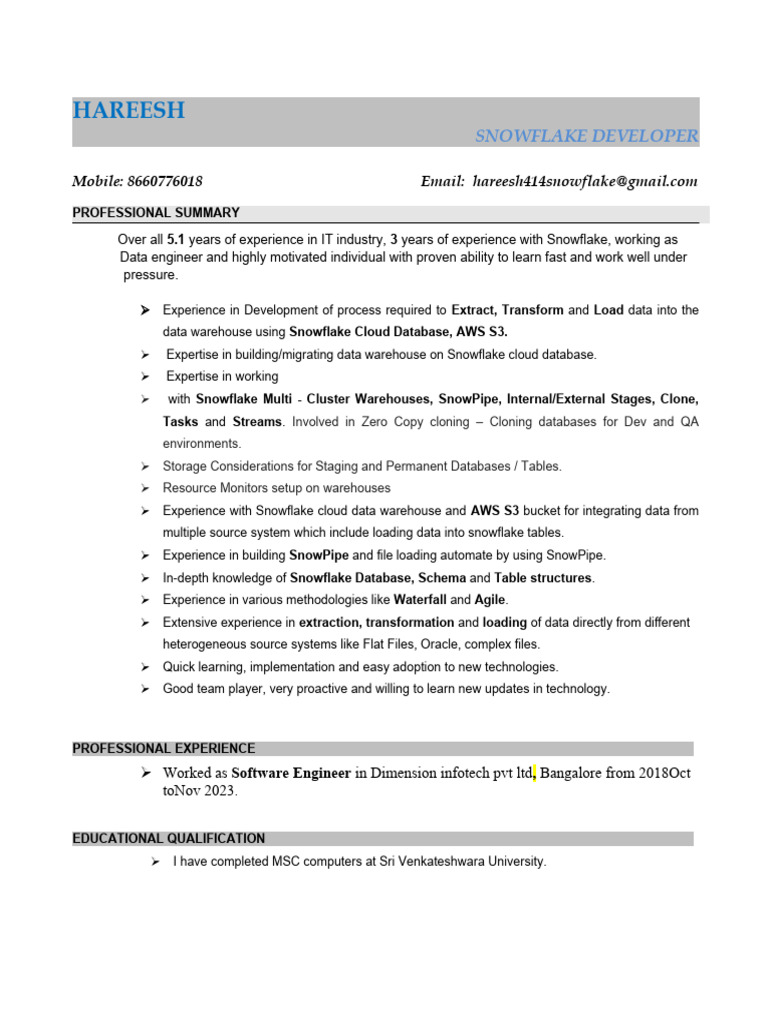 Hareesh: Snowflake Developer | PDF | Databases | Cloud Computing
