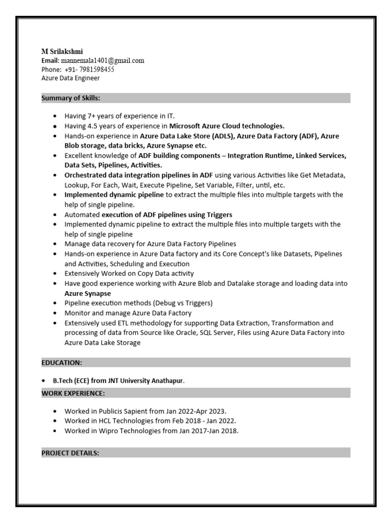 Srilakshmi ADE Resume | PDF | Microsoft Azure | Microsoft Sql Server
