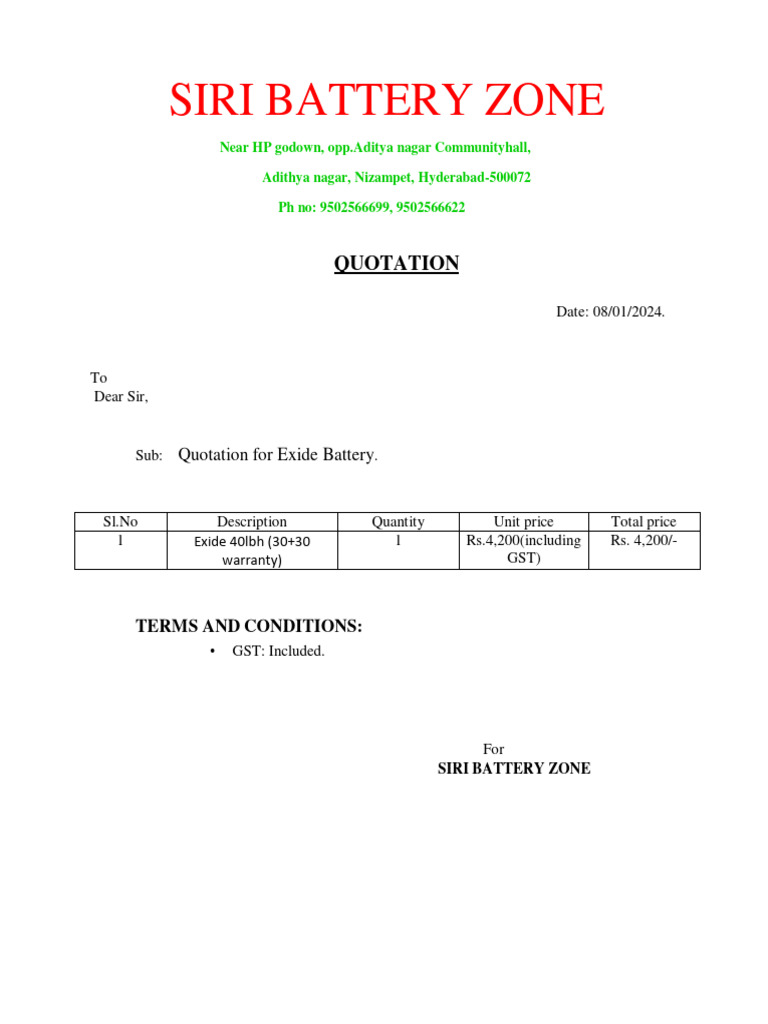 Quotation For Exide Battery-SBZ | PDF | Technology & Engineering