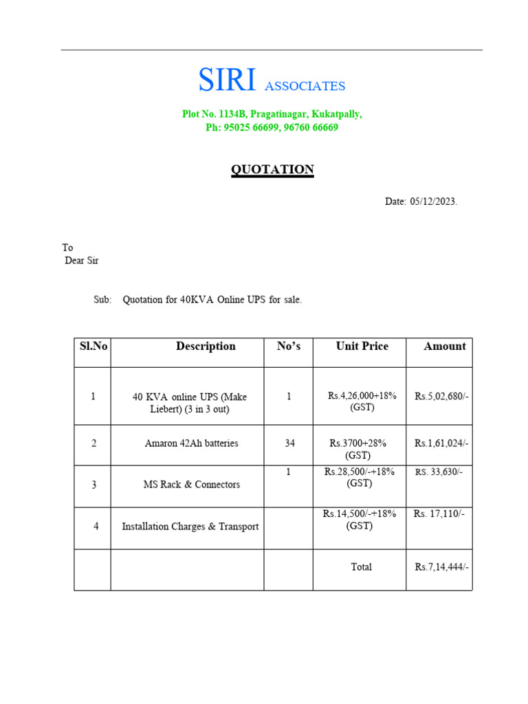 Quotation For 30 KVA UPS For Sales | PDF