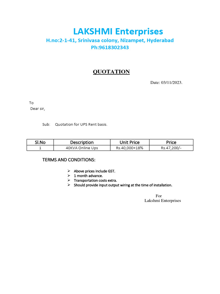 UPS Rental Quotation | PDF