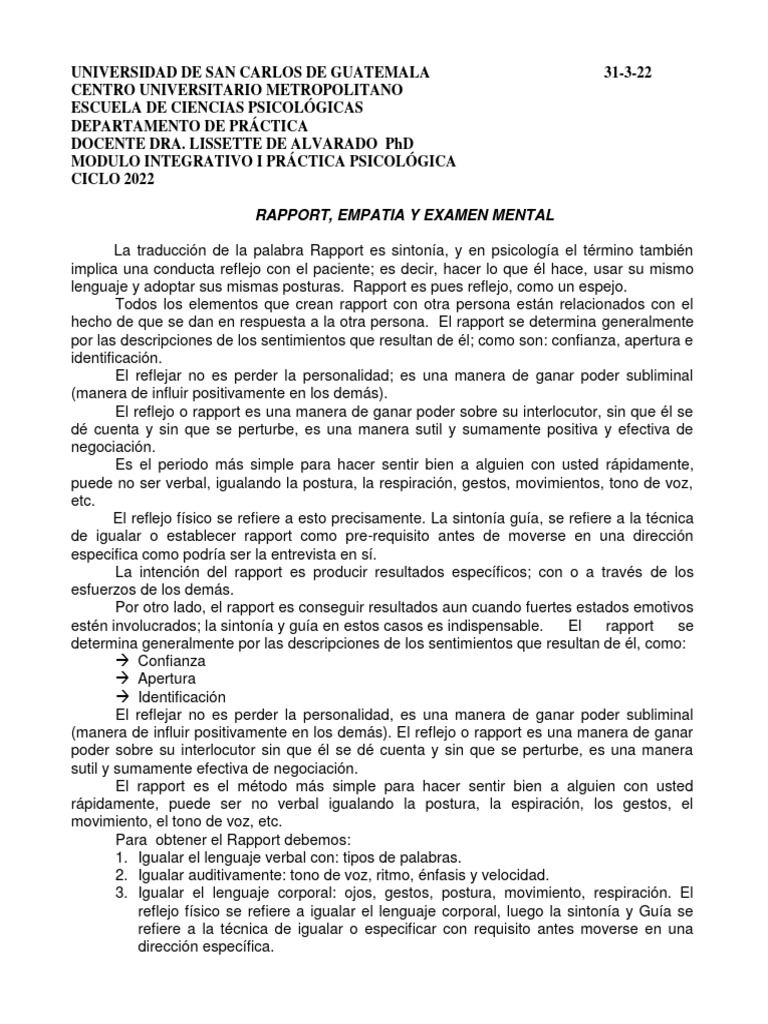 14 Rapport, Empatia y Examen Mental | PDF | Sicología | Psicoterapia