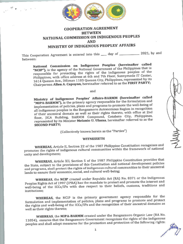 Memorandum of Cooperation by MIPA-BARMM and NCIP | PDF