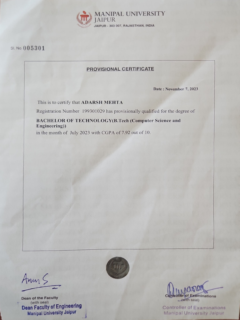 B.Tech Provisional Certificate 2023 | PDF