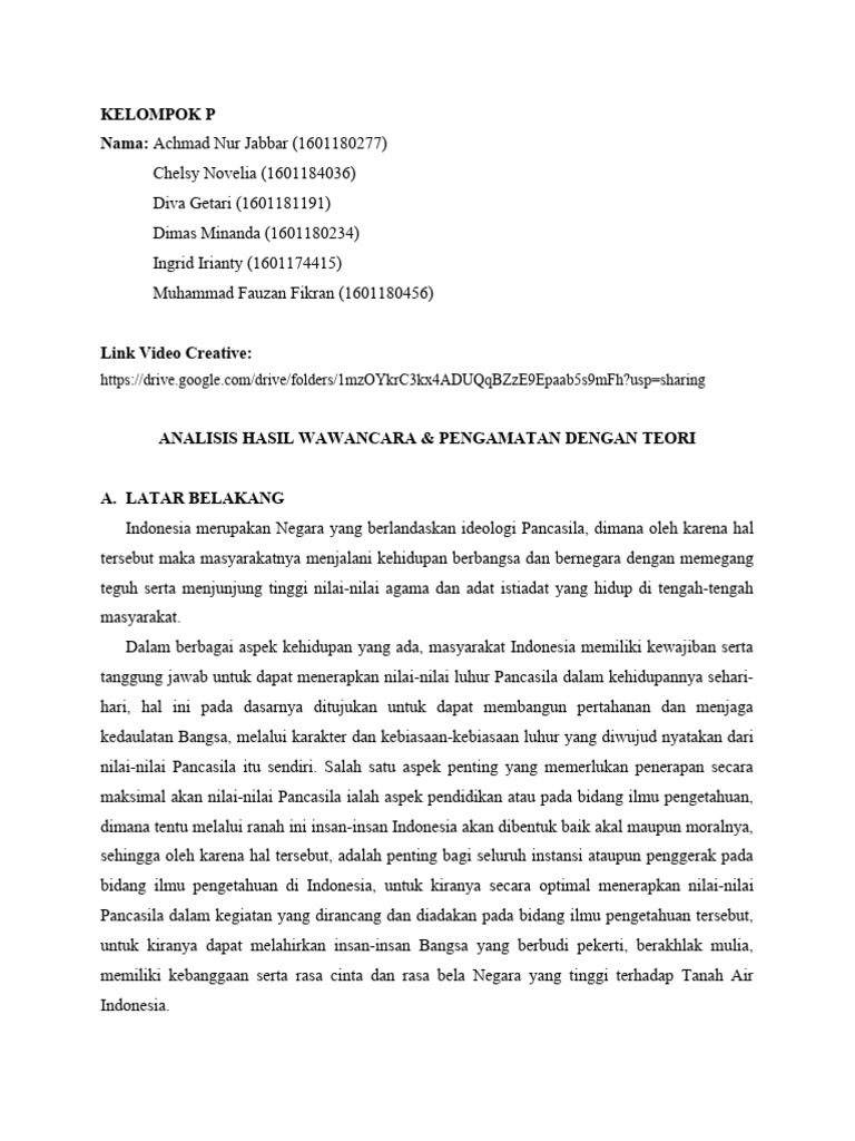 Laporan Wawancara Pancasila (Tambahan Bagian Analisis) | PDF | Kesehatan Holistik