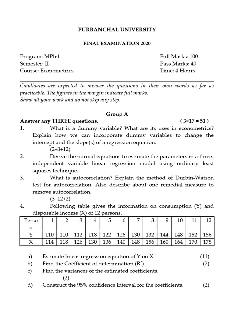 Econometrics Exam Questions 2020 | PDF | Regression Analysis | Linear ...