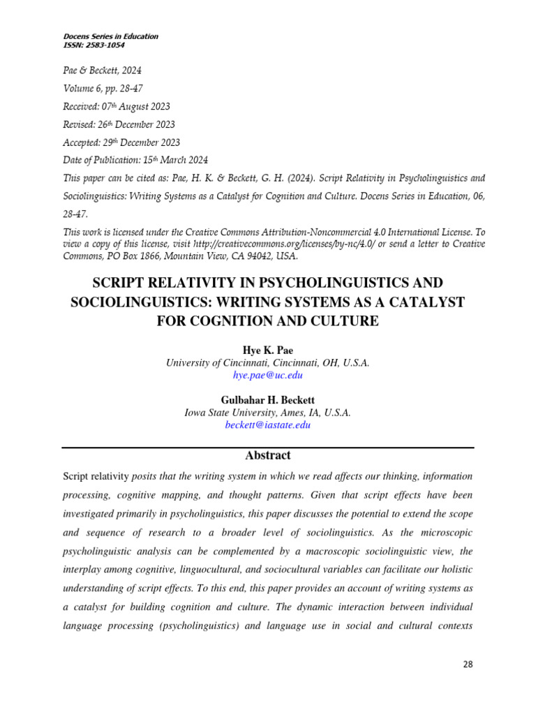 Script Relativity in Psycholinguistics and Sociolinguistics: Writing Systems As A Catalyst For ...