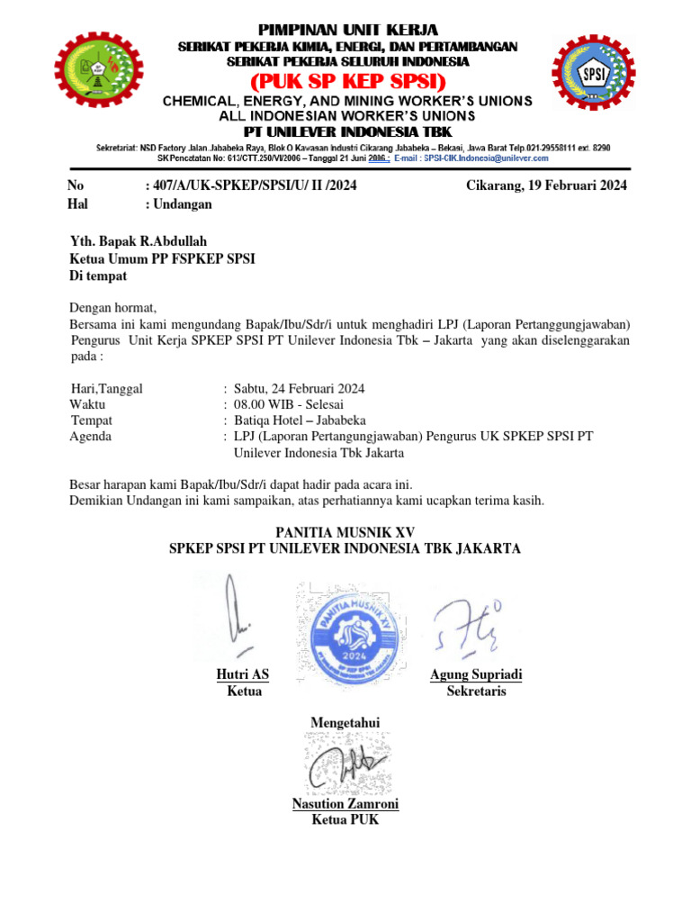 Undangan LPJ (Laporan Pertanggungjawaban) Pengurus UK SPKEP SPSI PT Unilever Indonesia TBK ...