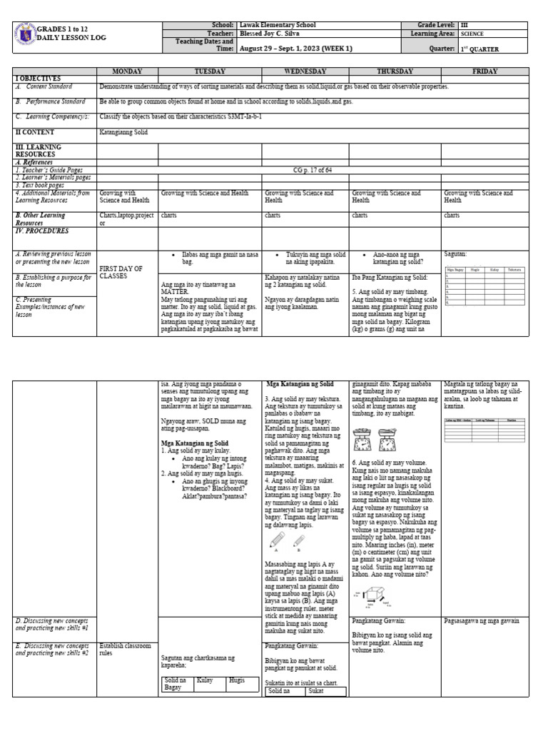 DLL - Science 3 - Q1 - W1 | PDF