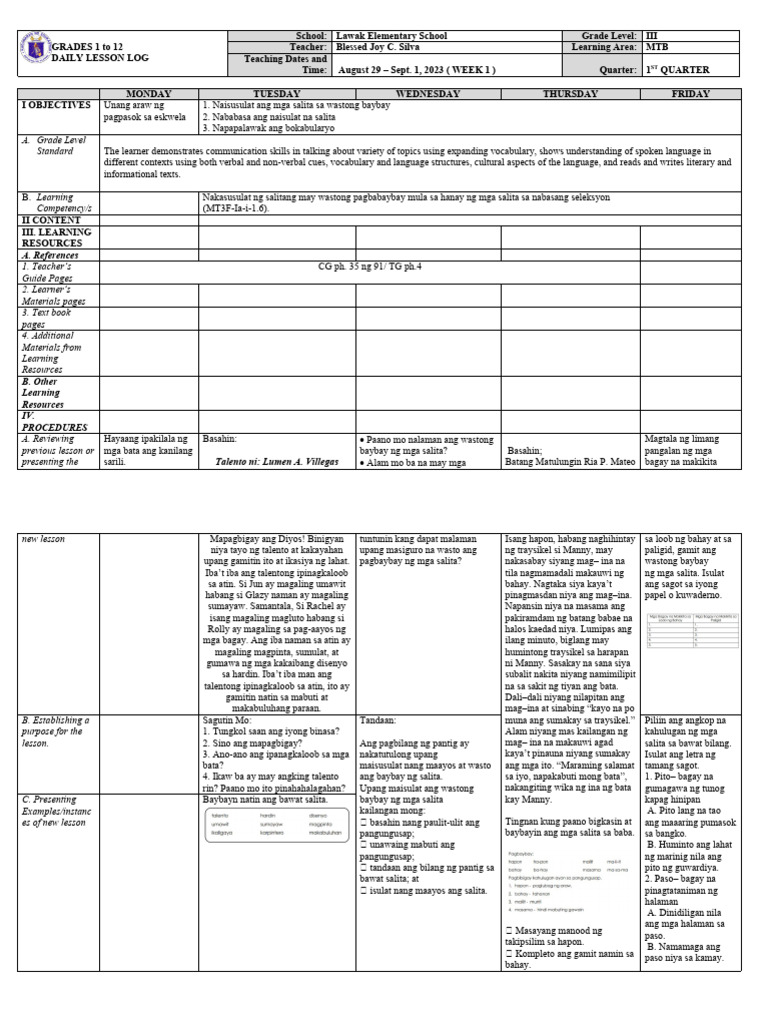 DLL - MTB 3 - Q1 - W1 | PDF