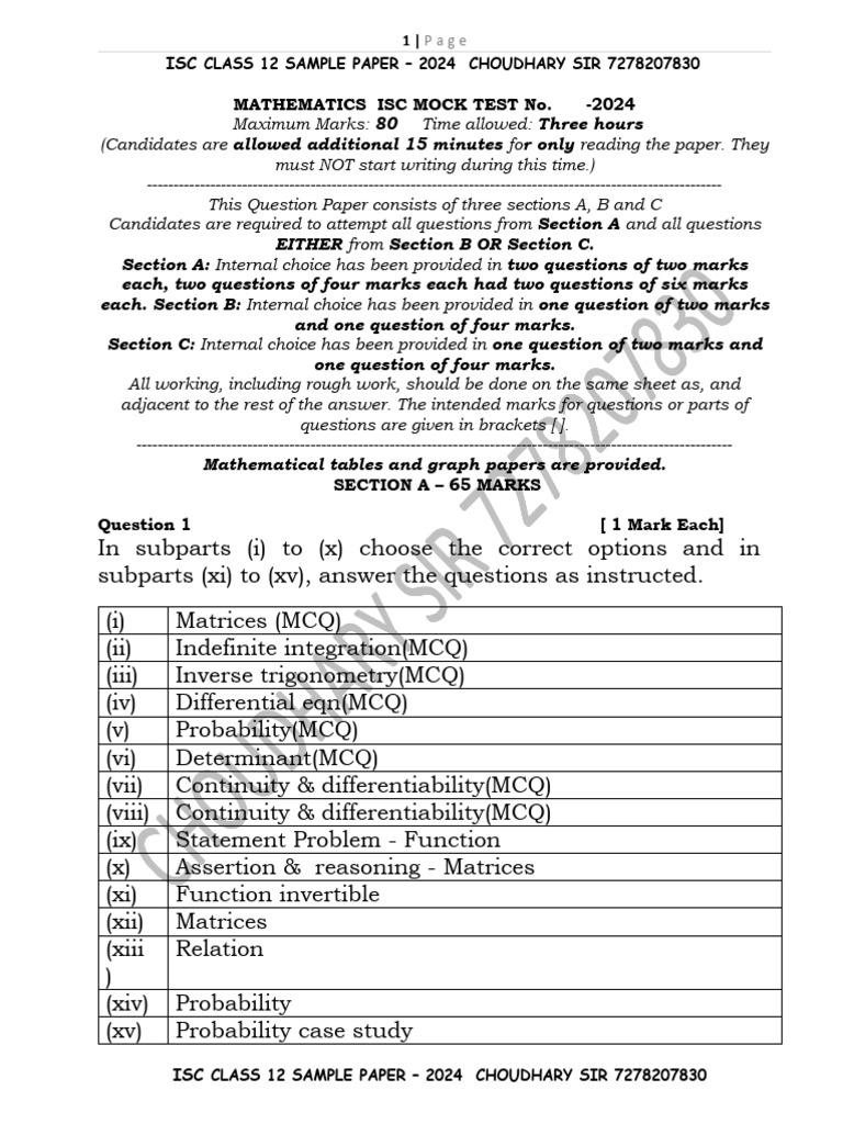 ISC SAMPLE- 1- 2024 | PDF | Multiple Choice | Matrix (Mathematics)