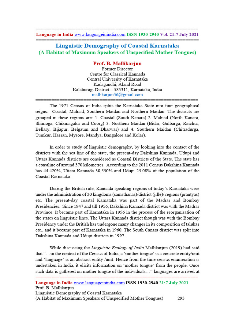 Linguistic Demography of Coastal Karnataka: (A Habitat of Maximum ...