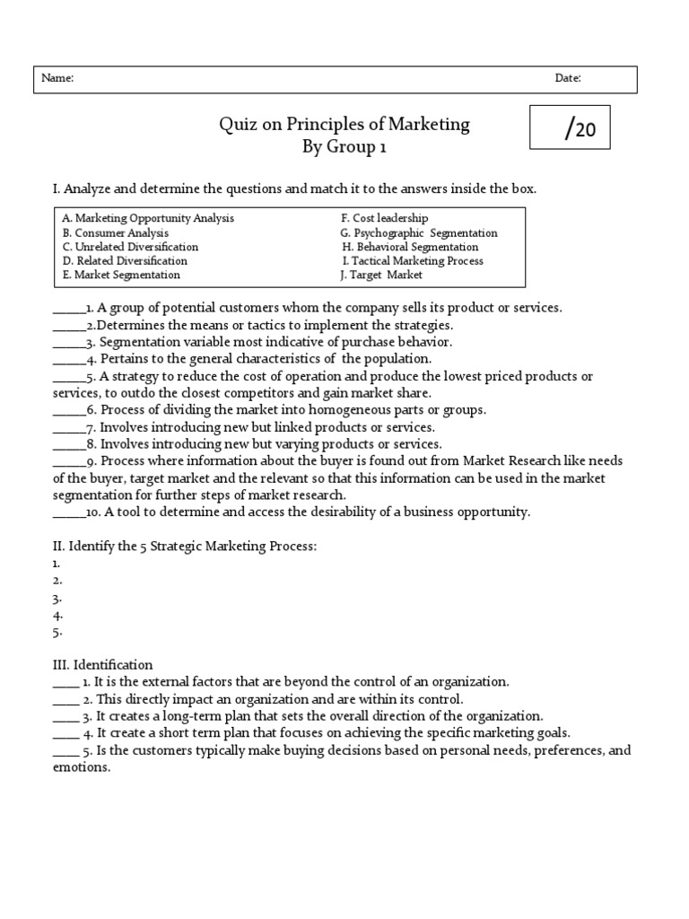 Quiz On Principles of Marketing | PDF