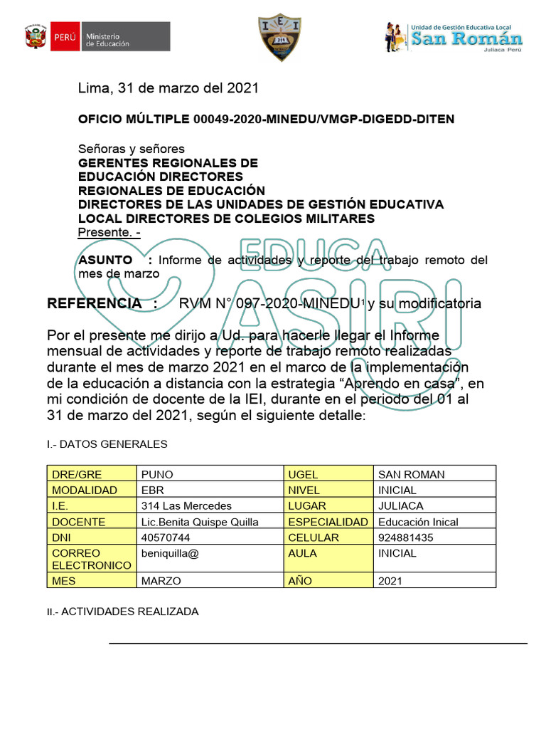 Informe Marzo 2021 - Beni Educasiri | PDF