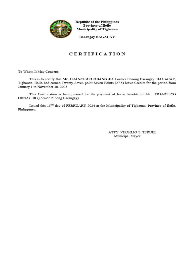Leave Certification for Barangay Officials | PDF