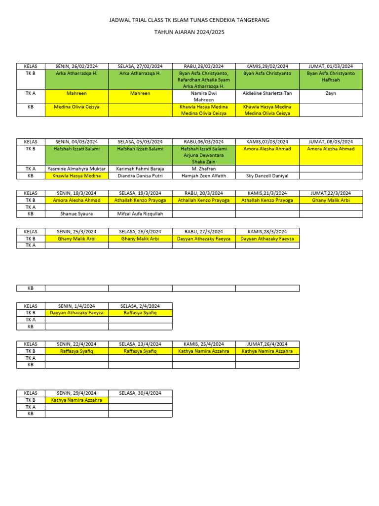 Jadwal Trial Class TA 2024-2025 | PDF