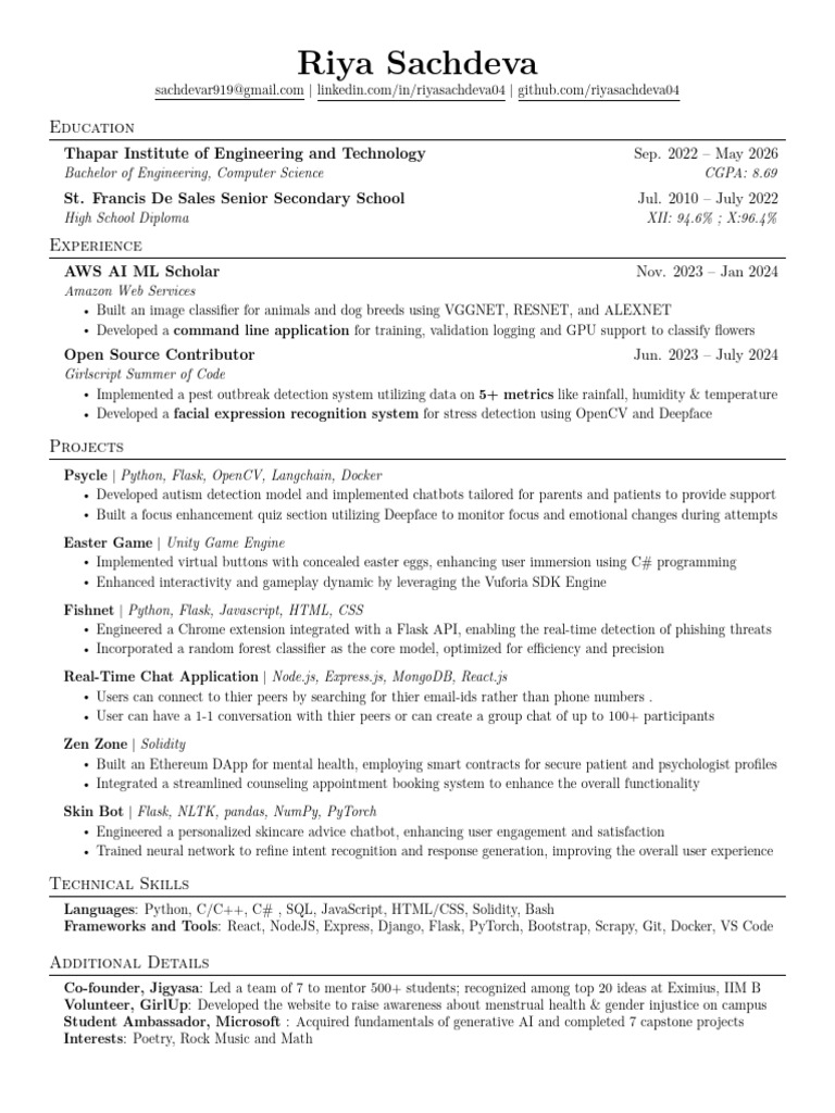 Riya Sachdeva Resume | PDF | Software Engineering | Computing