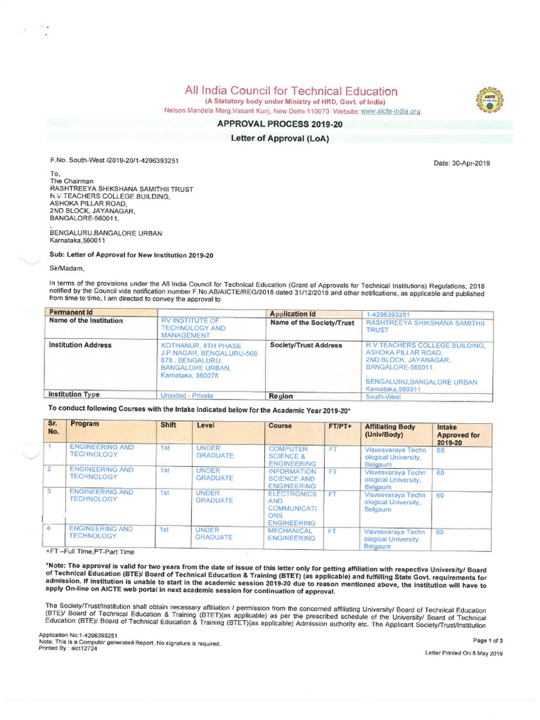 Aicte - Loa 2019 20 | PDF