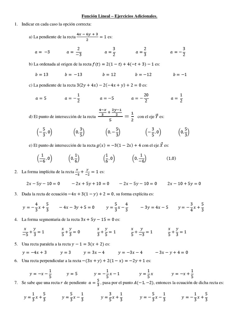 Función Lineal - Ejercicios Adicionales | PDF | Línea (geometría ...