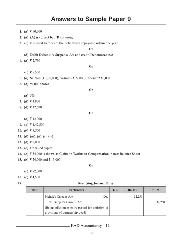 Cbse Cl12 Ead Accountancy Answers To Sample Paper 9 | PDF