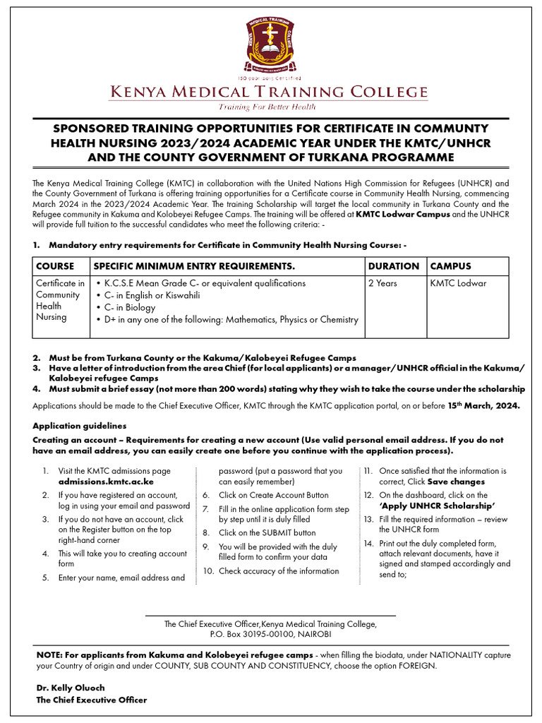 KMTC - Unhcr Programme Application Advert - 11.03.2024 | PDF | Refugee ...