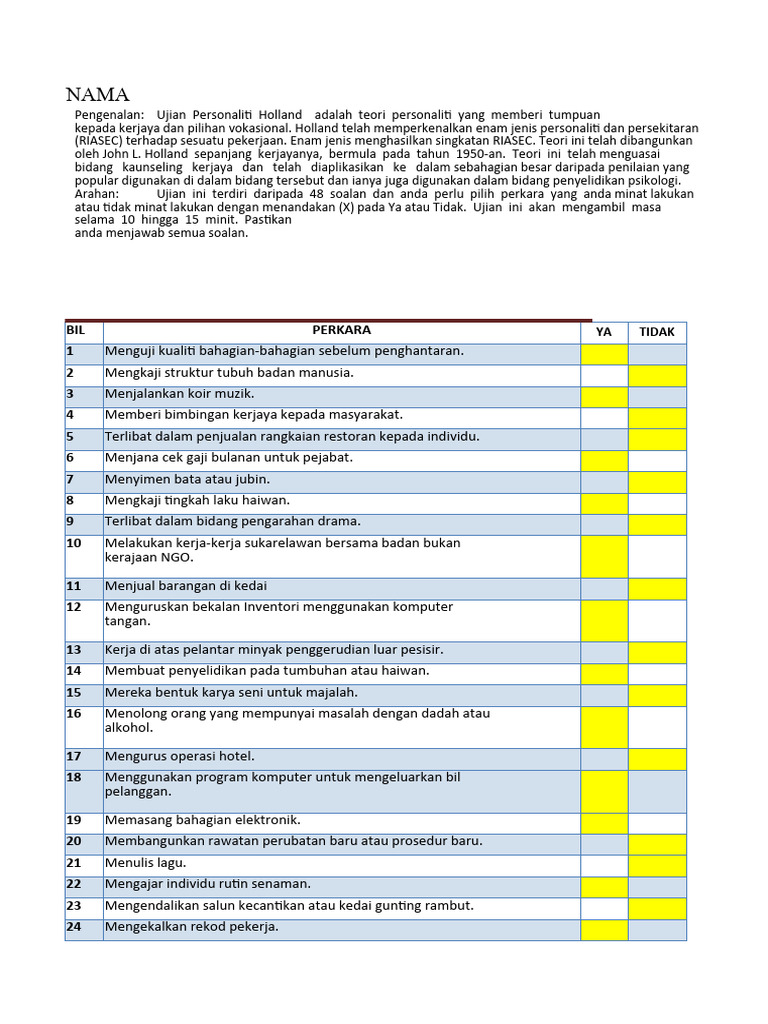 Holland Personality Test BM | PDF