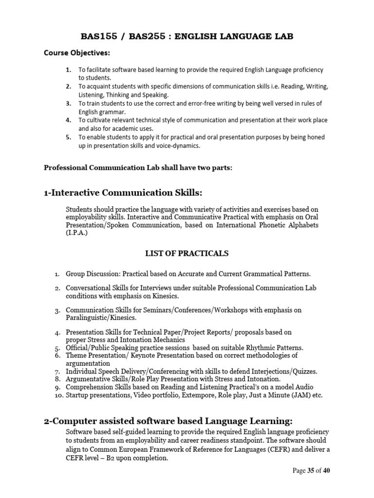 Eng Lang Lab Syllabus | PDF | Communication | English Language