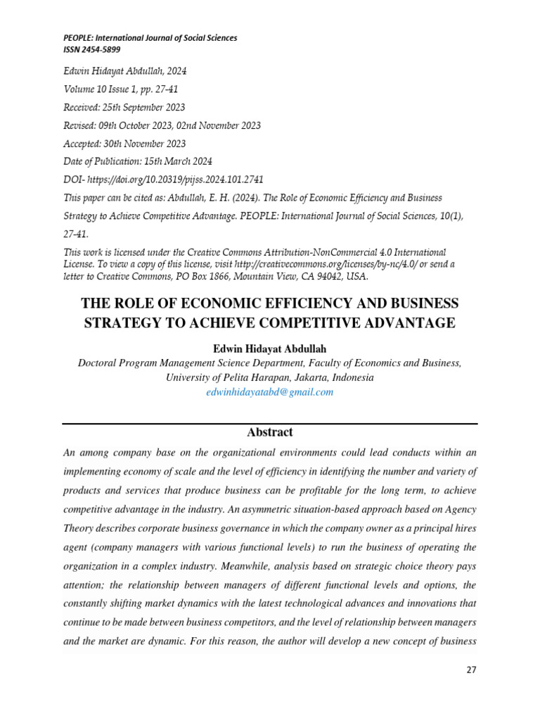THE ROLE OF ECONOMIC EFFICIENCY AND BUSINESS STRATEGY TO ACHIEVE COMPETITIVE ADVANTAGE | PDF ...