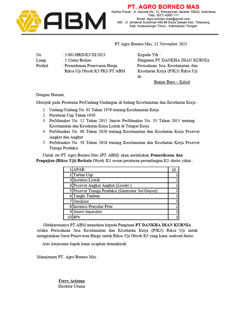 Surat Permohonan Riksa Uji Obyek K3 2023 ABM | PDF