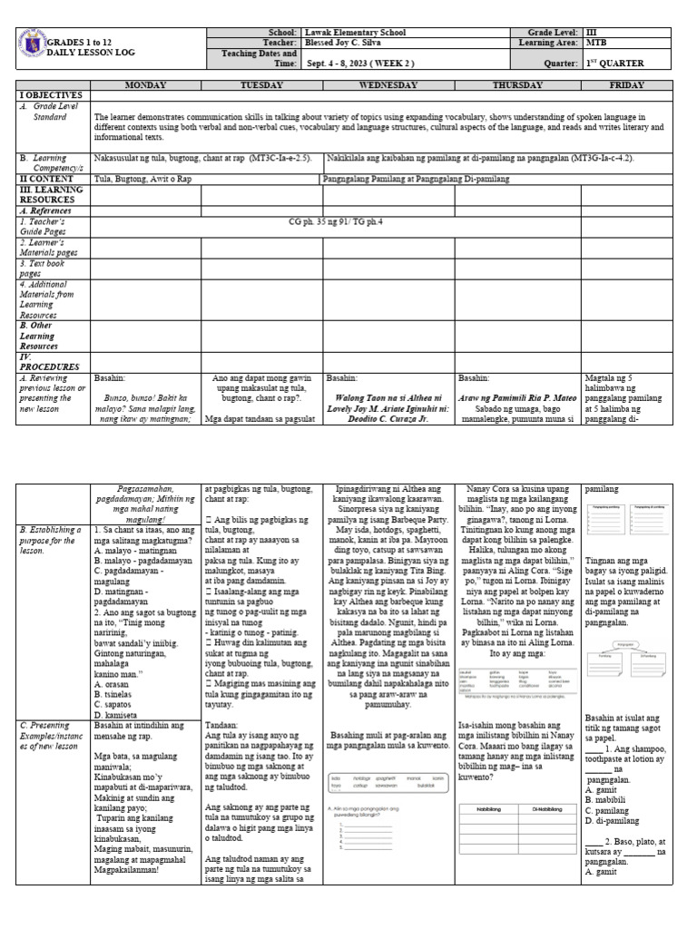 DLL - MTB 3 - Q1 - W2 | PDF