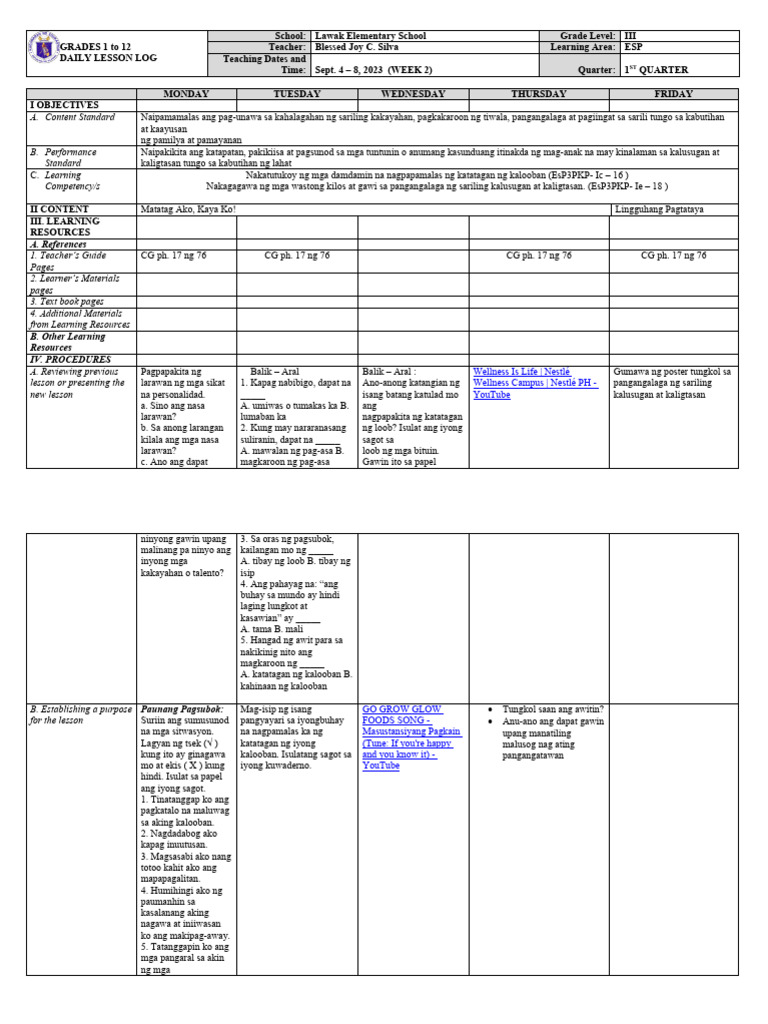 DLL - Esp 3 - Q1 - W2 | PDF