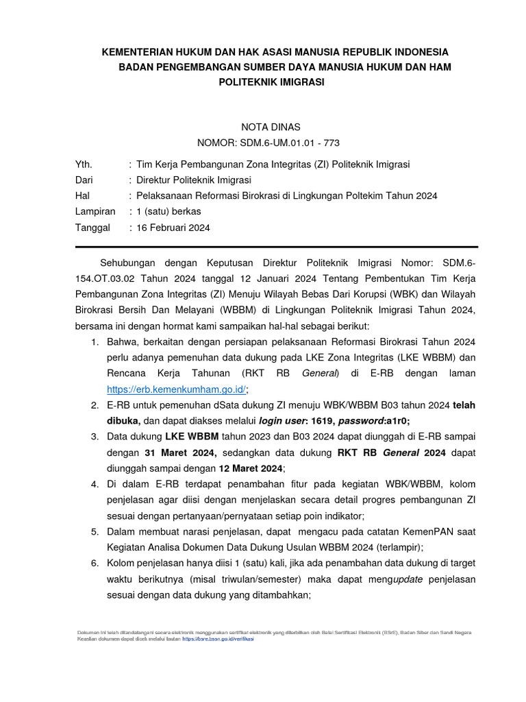 SDM.6-UM.01.01 - 773 Nodin Pelaksanaan Reformasi Birokrasi Di Lingkungan Poltekim Tahun 2024 (1 ...