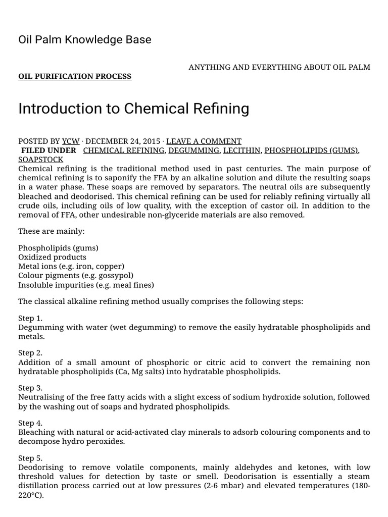 Introduction To Chemical Refining - Oil Palm Knowledge Base | PDF | Oil ...