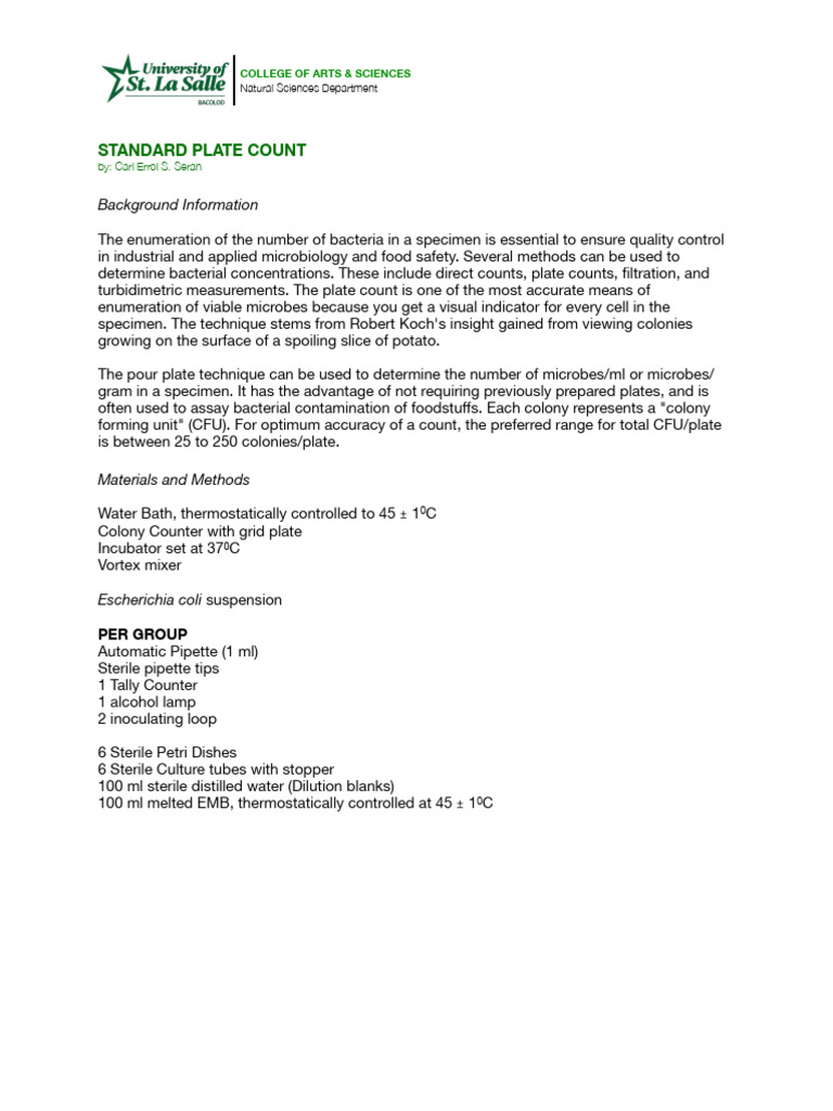 Standard Plate Count: Background Information | PDF | Colony Forming ...