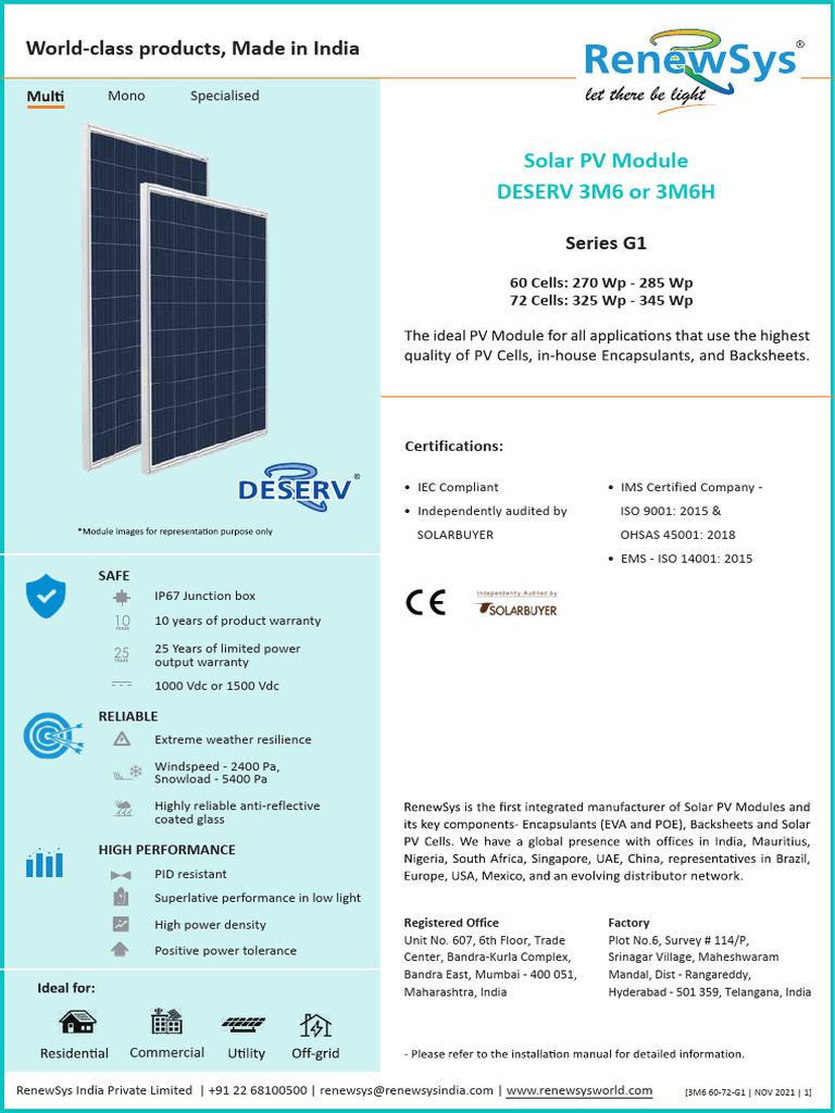 RenewSys DESERV Multi Crystalline TDS 3M6 & 3M6H - Series G1 | PDF