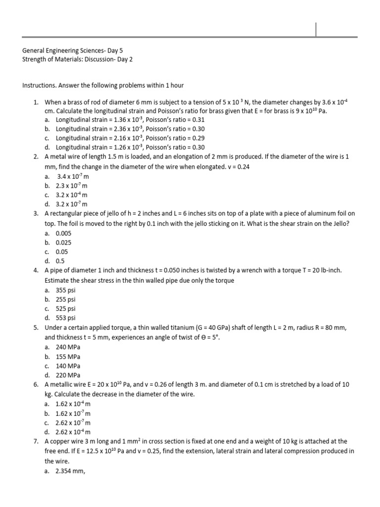 Strength of Materials Questionnaire | PDF | Bending | Strength Of Materials