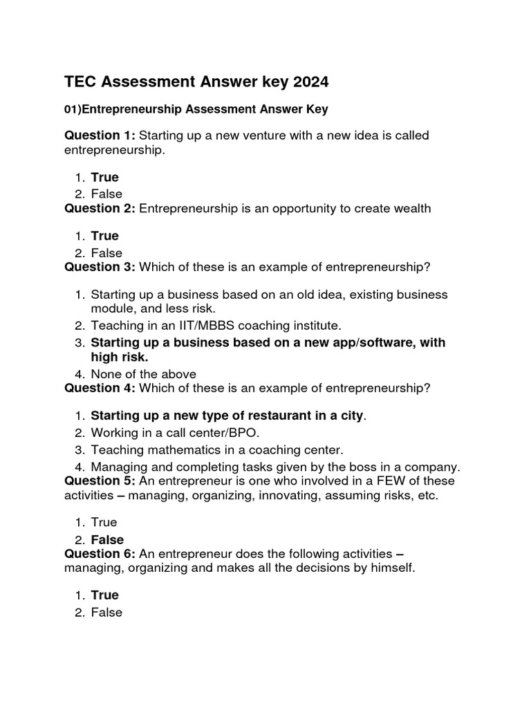 TEC Assessment Answer key 2024 | PDF | Balance Sheet | Entrepreneurship