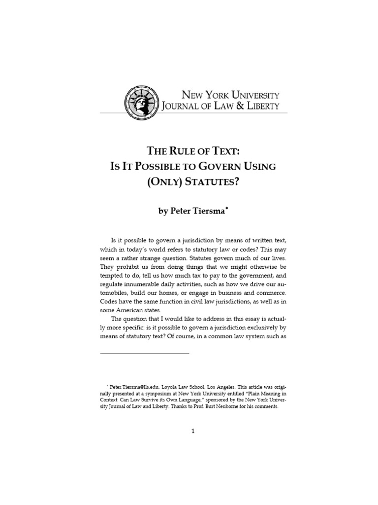 Peter Tiersma - The Rule of Text. Is It Possible To Govern Unisng (Only ...