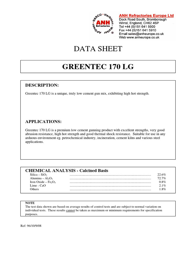 Greentec 170 LG | PDF | Cement | Aluminium Oxide