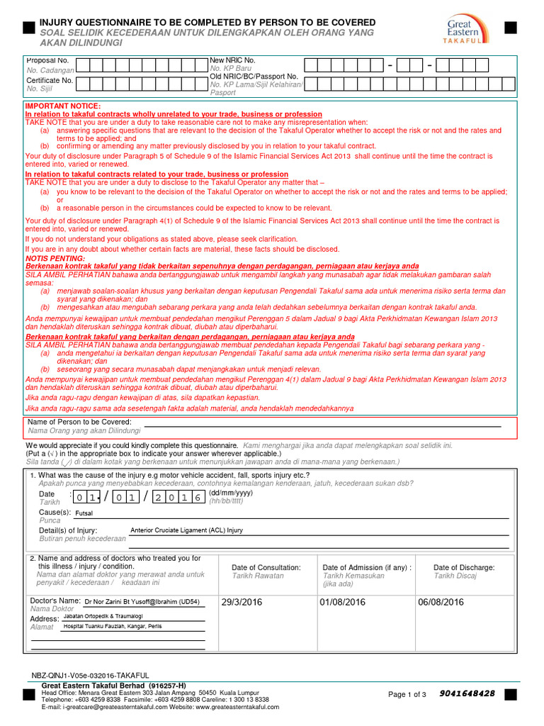 Injury Questionnaire To Be Completed by Person To Be Covered | PDF ...