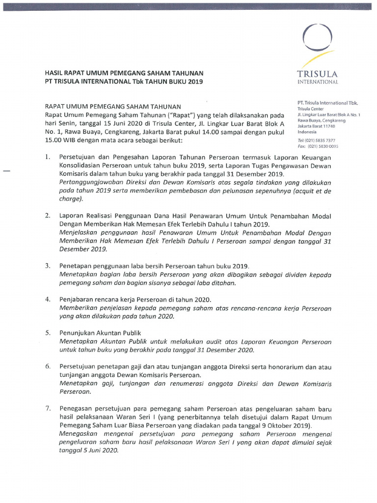 Hasil RUPST TRIS Tahun Buku 2019 | PDF