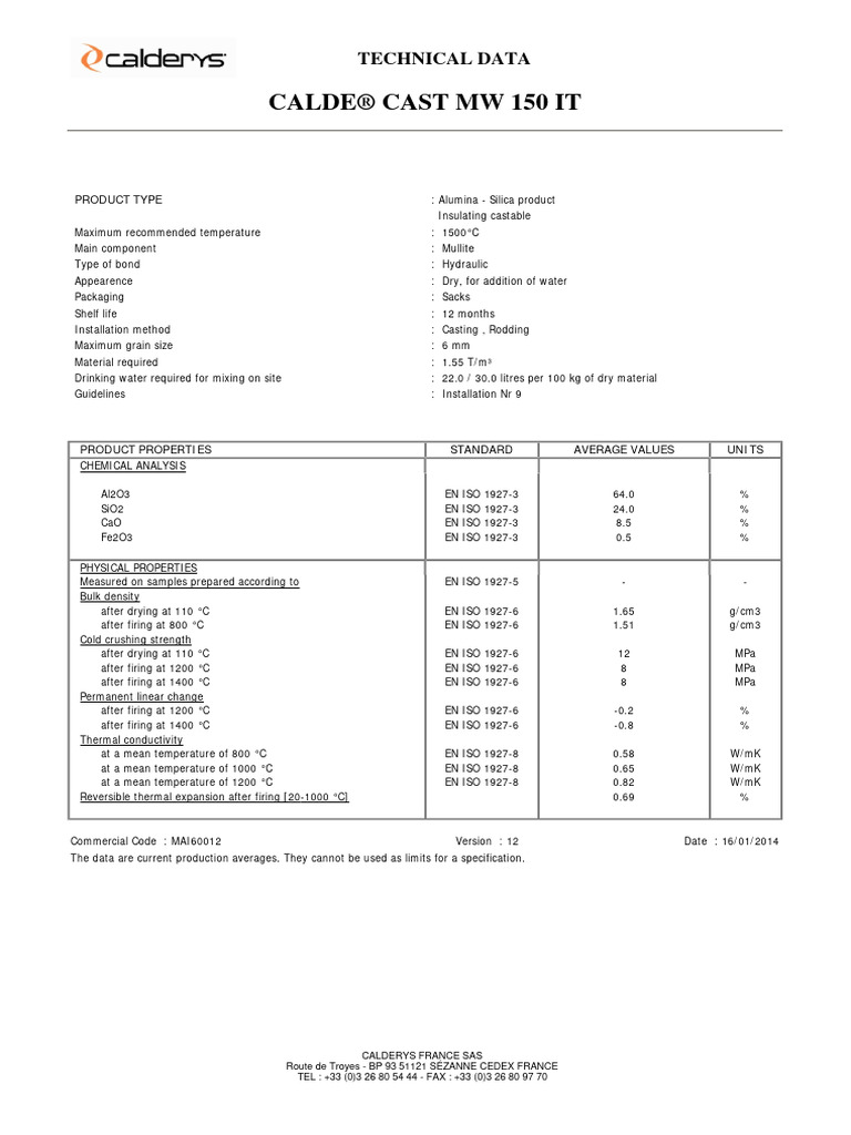 07 Calde Cast MW 150 | PDF | Density | Temperature