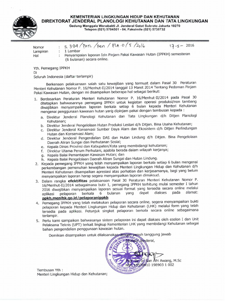 Surat Penyampaian Laporan IPPKH Semesteran (6 Bulanan) Secara Online | PDF