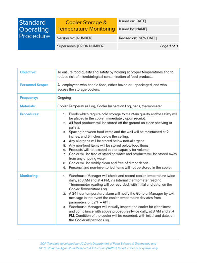 Cooler Storage SOP for Food Safety | PDF