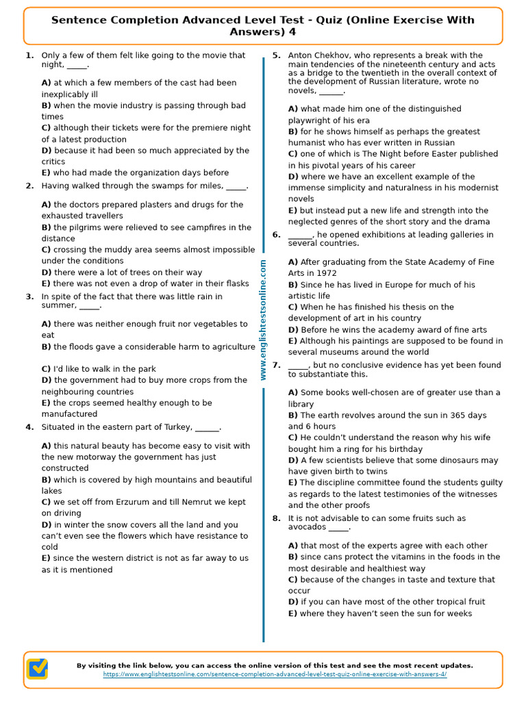 372 Sentence Completion Advanced Level Test Quiz Online Exercise With ...