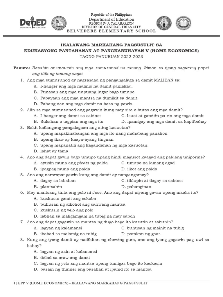 Epp V Q2 Exam Home Economics | PDF