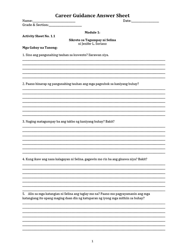 Worksheet Grade 11 MODULE 1 | PDF | Goal